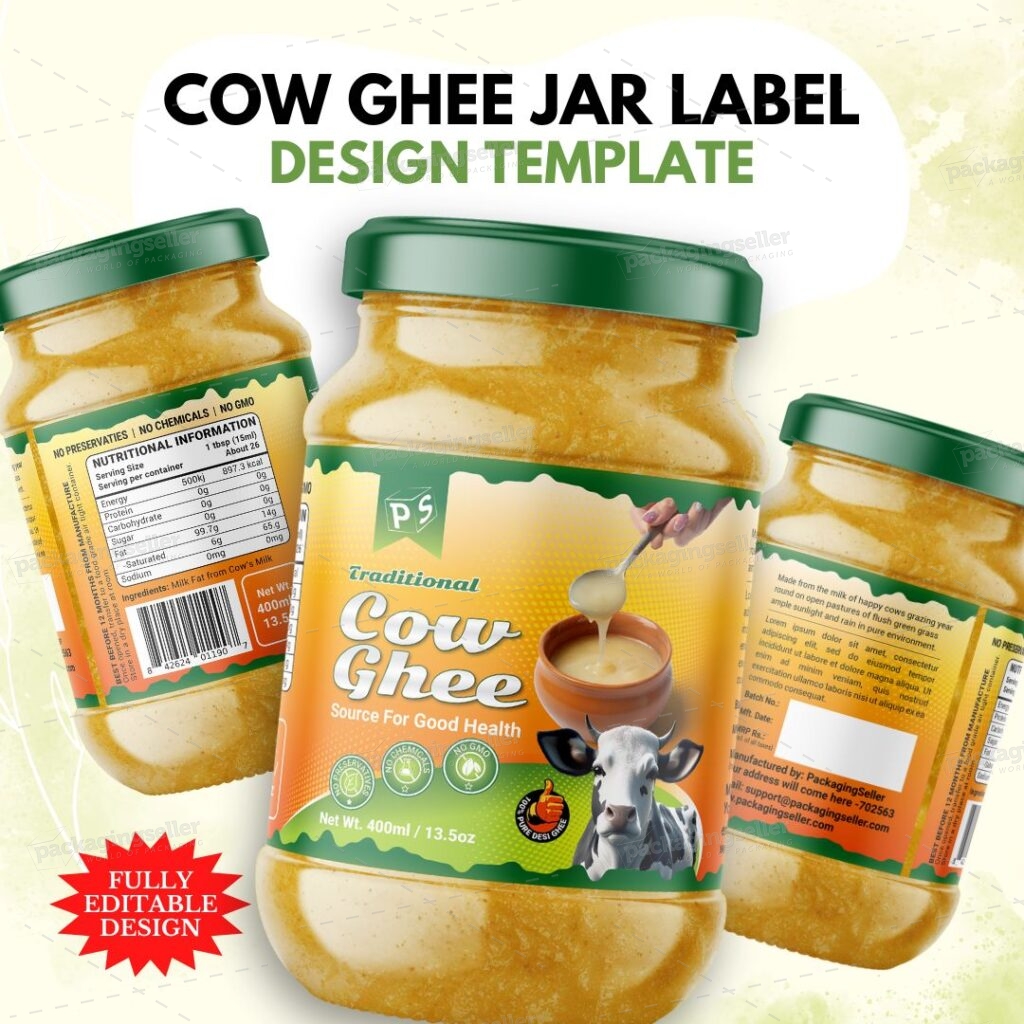 Cow Ghee Jar Label Design Template PS327 - PackagingSeller.com