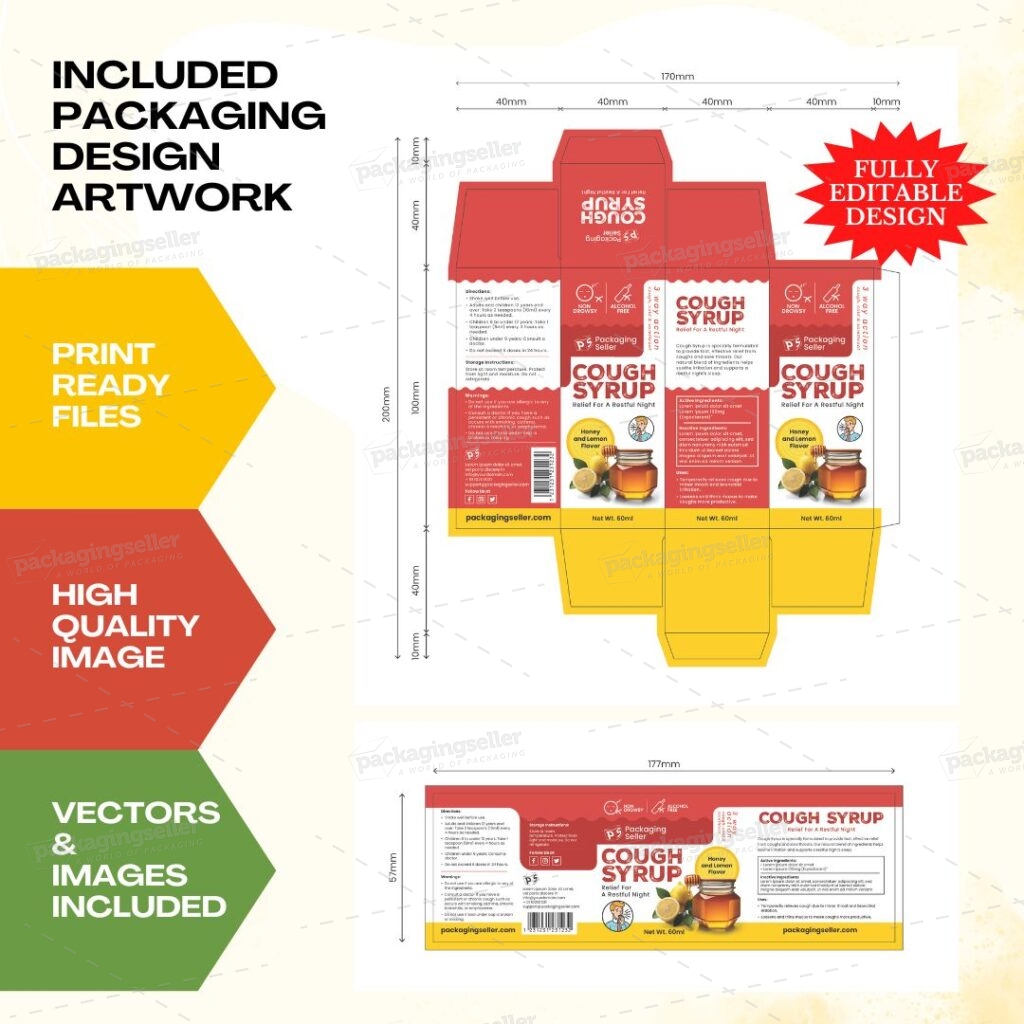 Cough Syrup Box and Label Design Template PS333 - PackagingSeller.com