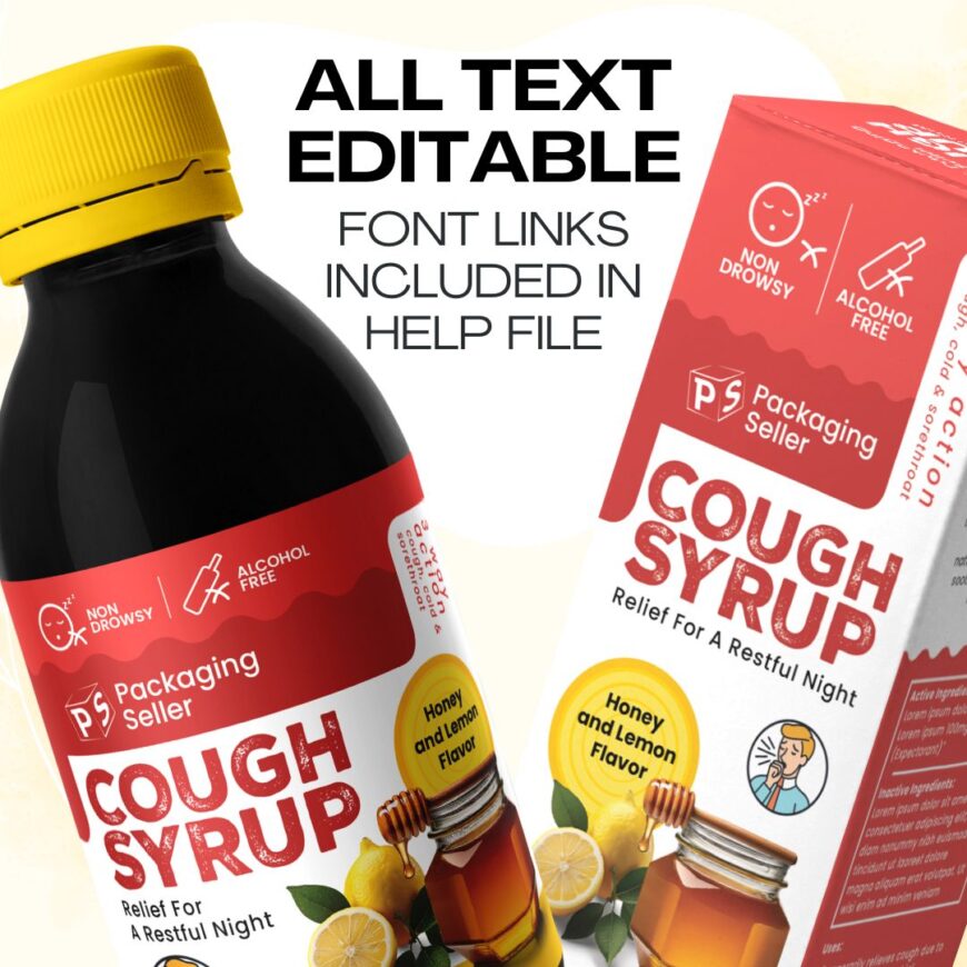Cough Syrup Box and Label Design Template PS333 - PackagingSeller.com