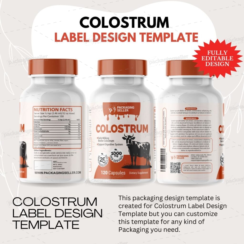 Colostrum Supplement Label Design Template PS345 - PackagingSeller.com